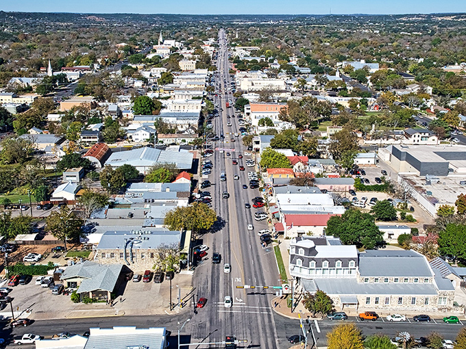 From above, Fredericksburg reveals itself as a perfect grid of history and charm, nestled among the rolling hills that make this region so distinctive.