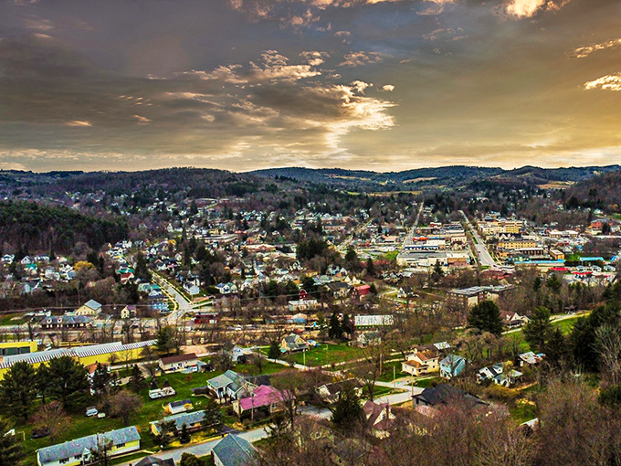 From above, Wellsboro nestles into Pennsylvania's rolling landscape like a village that decided the modern world was optional, not mandatory.