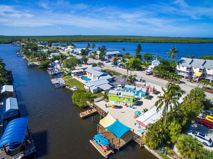 From above, Matlacha reveals its true nature—a perfect marriage of land and water where every building competes to be the most colorful.