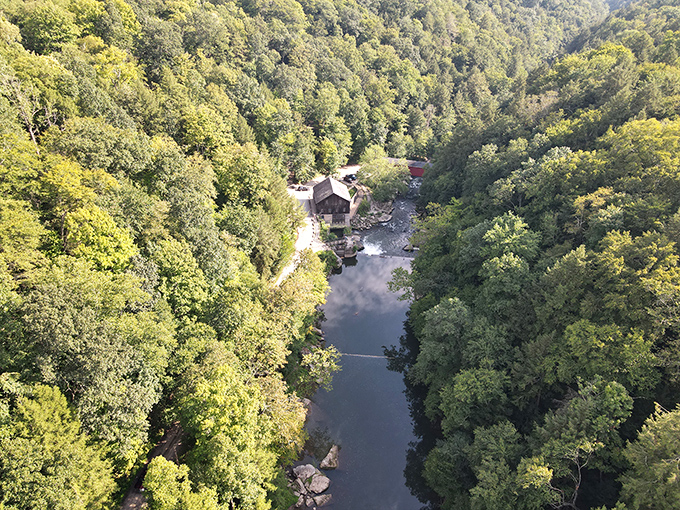 From above, the mill and creek reveal their perfect symbiosis, a reminder that humans and nature once built partnerships instead of parking lots.