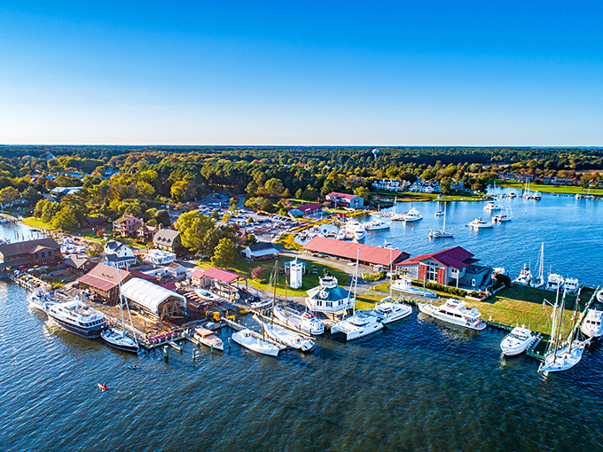 From above, St. Michaels reveals its perfect balance of land and water&mdash;a coastal village where boats aren't just transportation, they're a way of life.