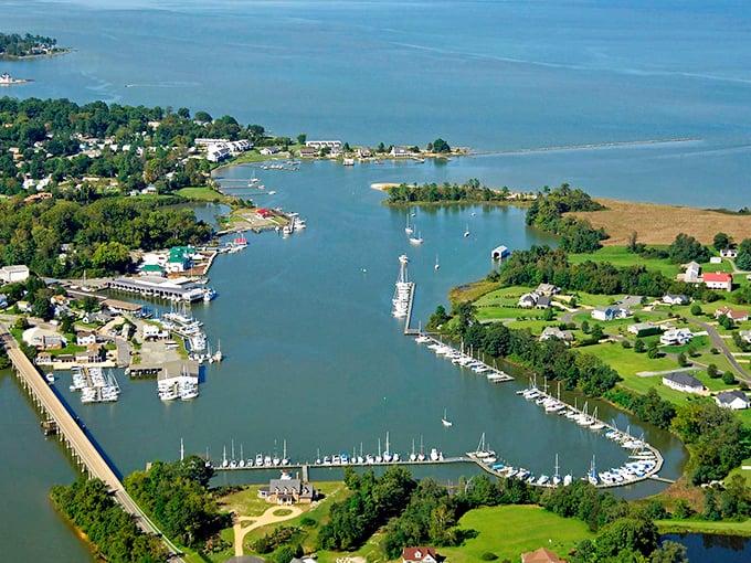 Bird's eye perfection – Urbanna's harbor forms a protective embrace around boats of all sizes, like a maritime community potluck where everyone's invited.