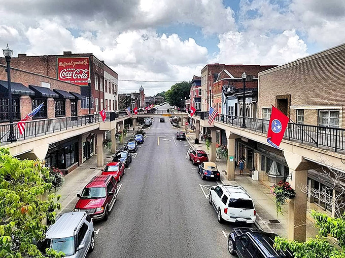 The aerial view of downtown reveals Morristown's unique Skymart system in all its glory&mdash;an architectural conversation piece that's as practical as it is photogenic.