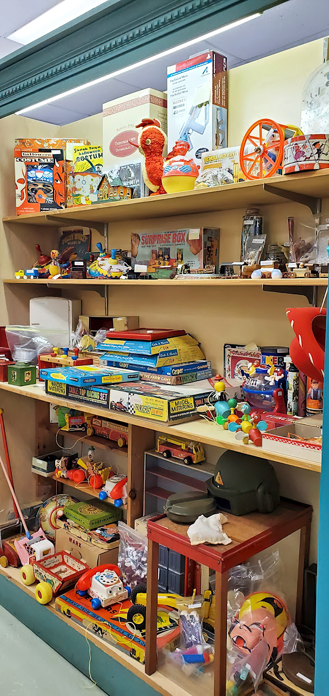 Vintage toys that survived decades of play without batteries or screens. Fisher-Price pull-toys and board games that entertained generations before Minecraft was even imagined.