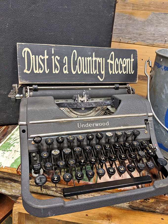 "Dust is a Country Accent" proclaims the sign above this Underwood typewriter—where great American novels were once pecked to life.