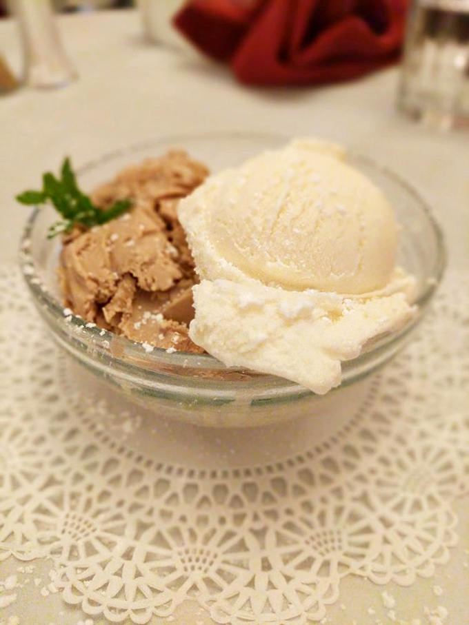 The perfect finale: ice cream and what appears to be mousse, because even the most satisfying meal deserves a sweet ending.