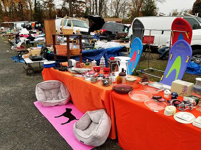 The autumn flea market sprawls across the landscape, where snowboards wait optimistically for winter while summer's leftovers find new homes.