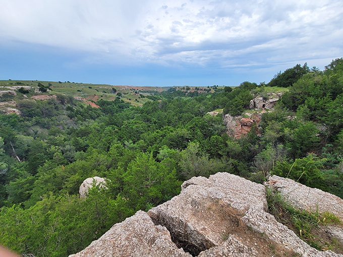 The surface world has its own majesty. The rugged landscape above the caverns reminds visitors that Oklahoma's natural beauty extends in all directions.