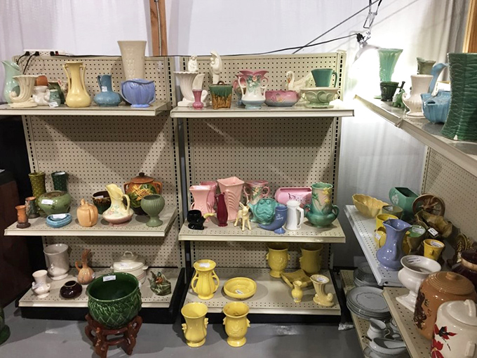 A rainbow of vintage pottery and ceramics showcases the vibrant colors and distinctive designs that made mid-century housewares both functional and beautiful.