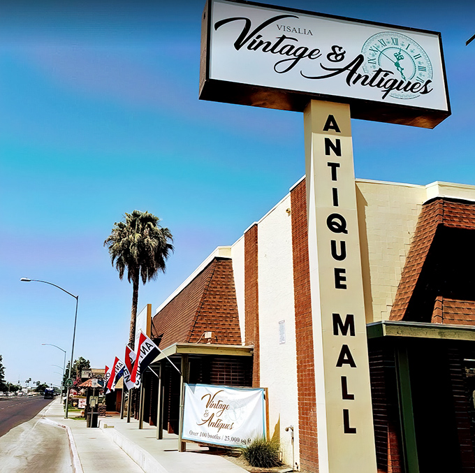 Visalia Vintage & Antiques' distinctive sign reaches skyward &ndash; a beacon for treasure hunters in the Central Valley.
