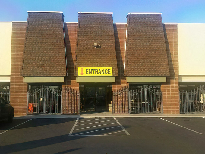 The imposing entrance to Visalia's vintage wonderland &ndash; where 25,000 square feet of history awaits discovery.