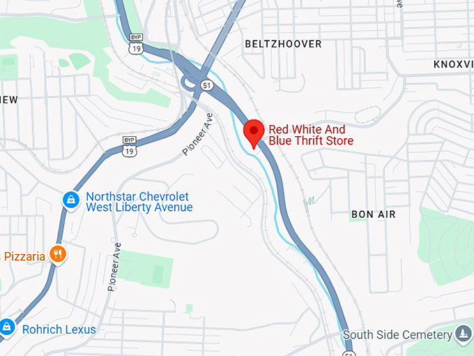 16. red white and blue thrift store (890 saw mill run blvd) map