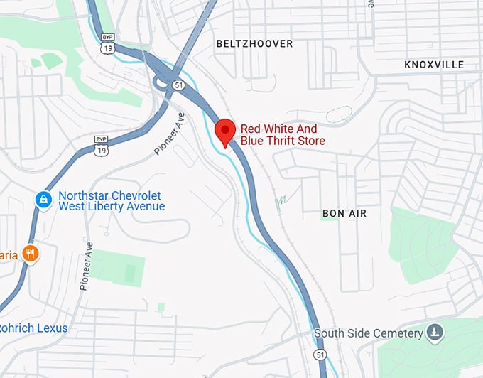 16. red white & blue thrift store (890 saw mill run blvd) map