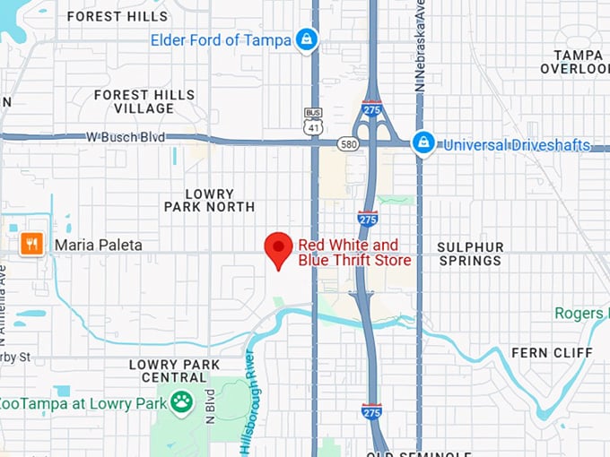 red white and blue thrift store map