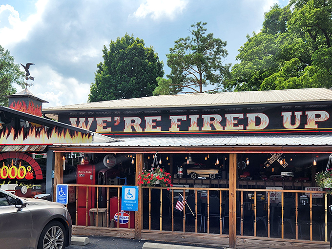 "We're Fired Up" isn't just clever signage&mdash;it's a literal description of how your pizza gets that heavenly char in their wood-fired oven at this roadside gem.