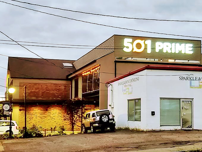 The glowing "501 Prime" sign beckons hungry travelers like a lighthouse for steak lovers in Hot Springs.