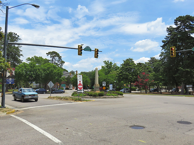 Downtown Aiken's historic roundabout - where Southern charm meets small-town traffic control in the most elegant way possible.