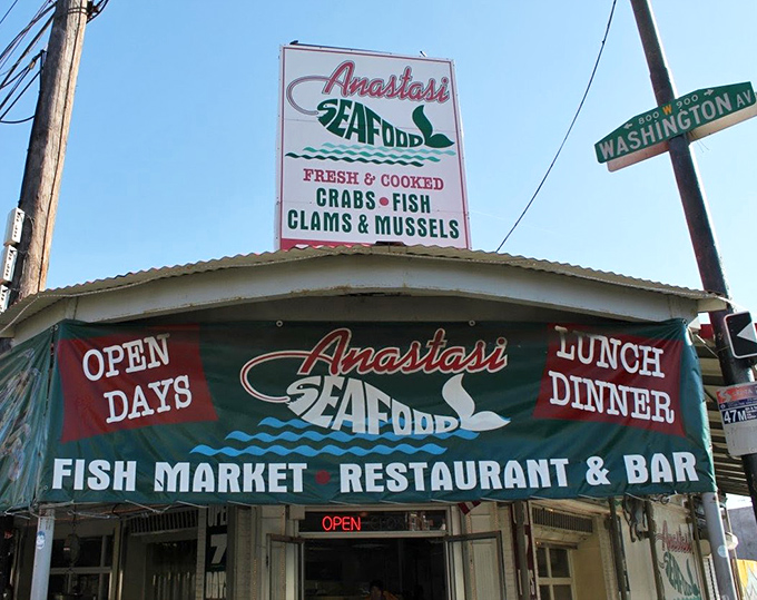 Anastasi Seafood's iconic sign promises treasures from the sea. Like a lighthouse for hungry sailors navigating the Italian Market.