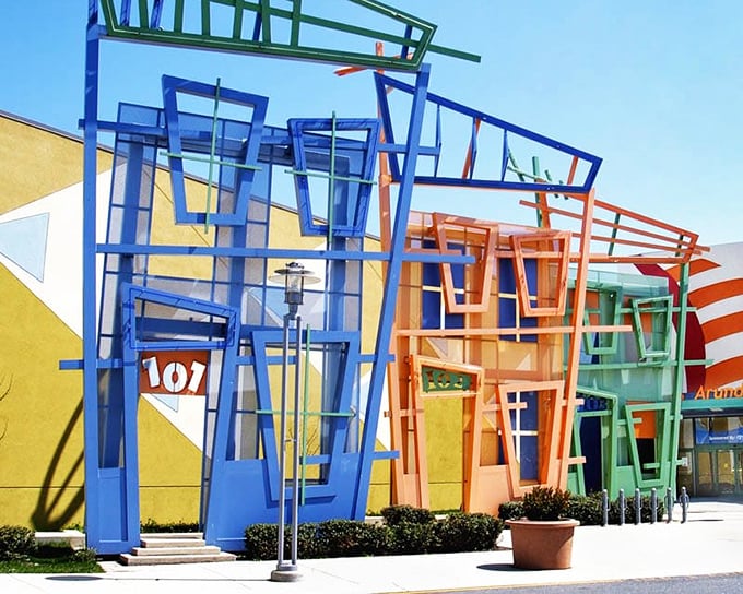 Those colorful steel beams aren't just architecture - they're a promise of shopping adventures ahead!