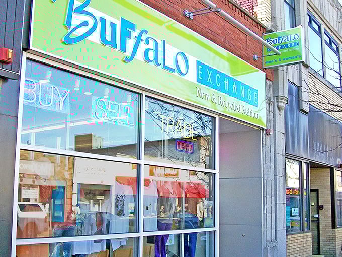 Buffalo Exchange's bright green storefront promises fashion treasures inside &ndash; like finding the wardrobe department for a Wes Anderson film.