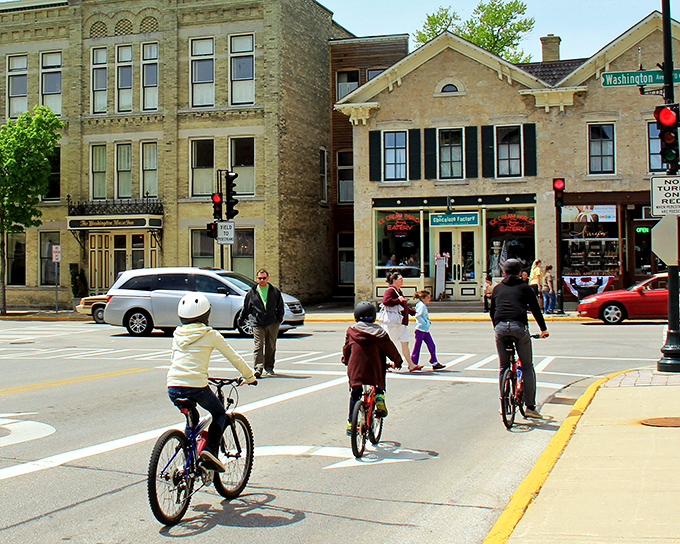 Cedarburg's historic main street welcomes cyclists of all ages. Those brick buildings have stories to tell!