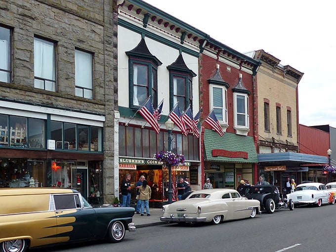 Historic Centralia's main street looks like a Norman Rockwell painting come to life, complete with vintage cars and American flags.