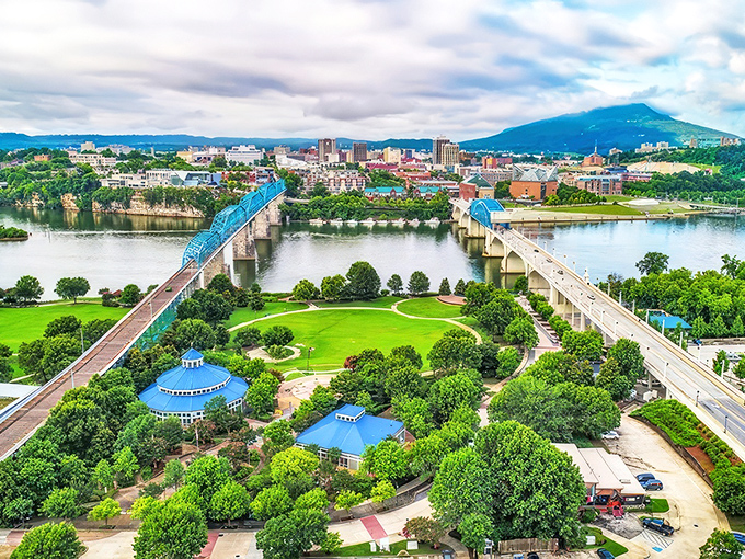 Chattanooga's iconic blue bridges span the Tennessee River like ribbons tying together a perfect riverside package.
