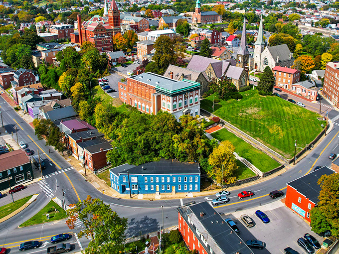 Cumberland's historic downtown unfolds like a storybook, with church spires and brick buildings telling tales of Maryland's mountain heritage.