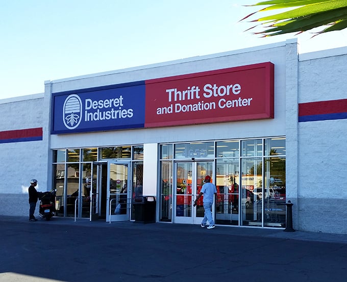 The treasure hunt begins! Deseret Industries' bright red and blue sign promises a wonderland of secondhand discoveries waiting inside.