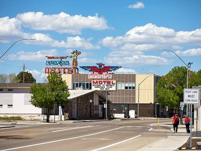 The iconic Thunderbird Motel sign stands tall in Elko, a colorful sentinel welcoming visitors to this affordable mountain town.