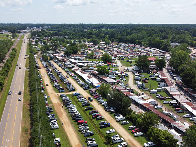 Aerial view of First Monday Trade Day reveals a treasure hunter's paradise stretching as far as the eye can see.
