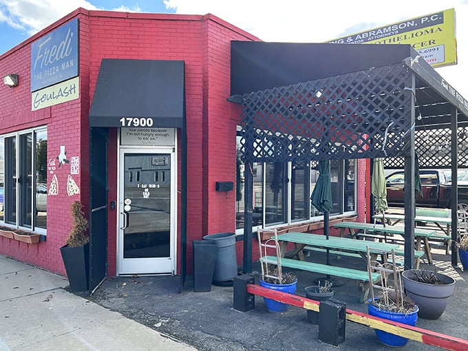 The pink building that screams "pizza paradise!" Fredi's exterior is as bold as their Detroit-style flavors.