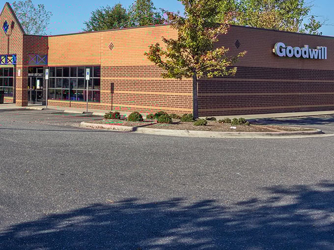 The brick facade of Goodwill in Lowell promises treasure hunting adventures within. One person's castoffs become another's perfect finds!