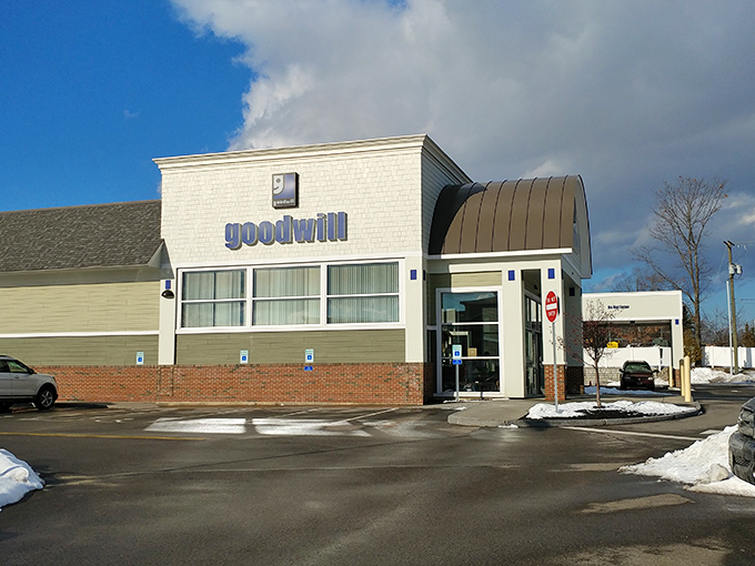 The Portsmouth Goodwill's distinctive curved roof design stands out like a thrifter's beacon, calling bargain hunters from miles around.