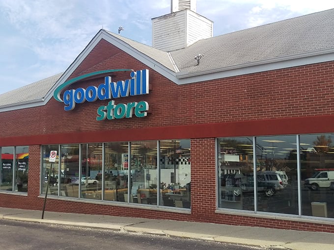 The classic brick Goodwill storefront &ndash; where one person's castoffs become another's treasures. Bargain hunting at its finest!