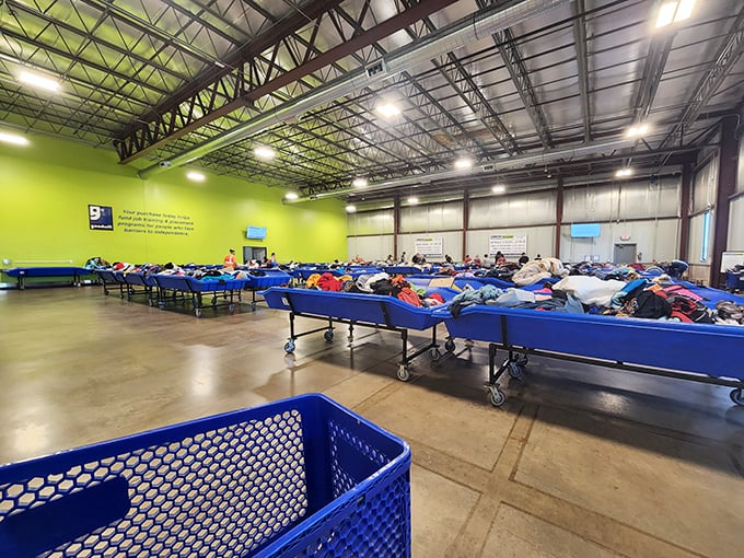 Treasure hunters paradise! Blue bins stretch into the horizon at Goodwill of the Heartland, promising discoveries with every dig.