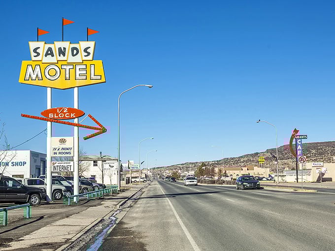 Route 66 nostalgia lives on! The iconic Sands Motel sign stands as a colorful sentinel along Grants' main drag, beckoning travelers to step back in time.