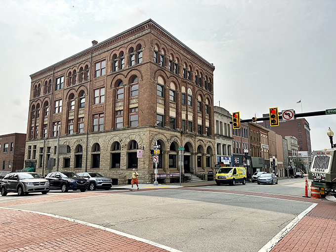 Historic storefronts line Greensburg's main street, where affordable small-town charm meets big-city healthcare access. 