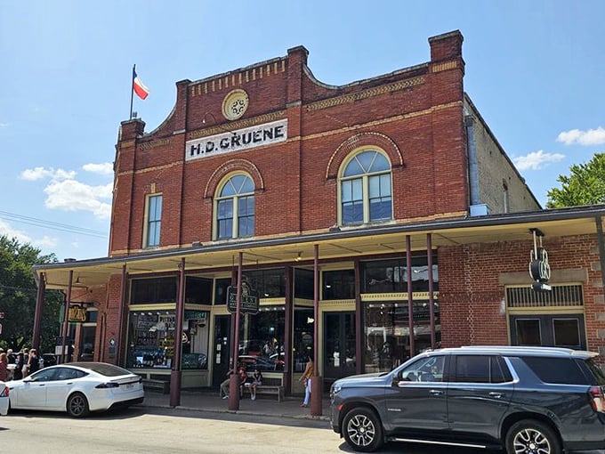 The historic H.D. Gruene building stands proudly in New Braunfels, a brick time machine waiting to transport treasure hunters to the past. 