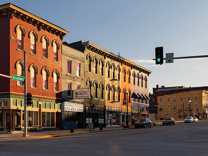 Historic downtown Hannibal at sunset – where brick buildings tell stories and Mark Twain's spirit lingers on every corner.