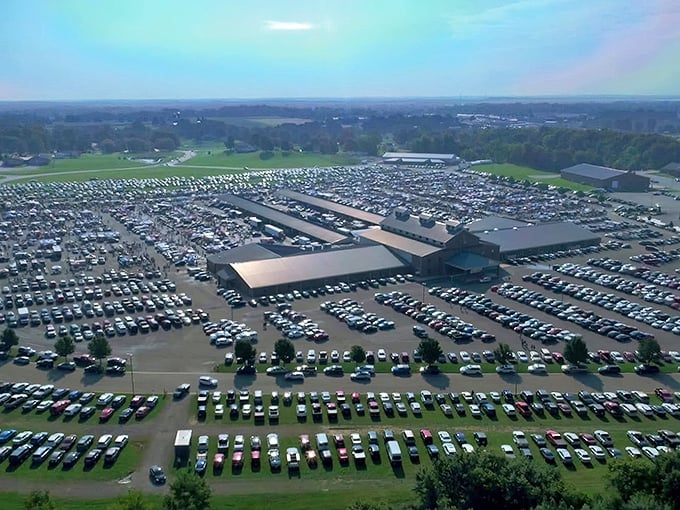 Aerial view of Hartville MarketPlace reveals a sea of cars and tents&mdash;like a small city dedicated entirely to bargain hunting!