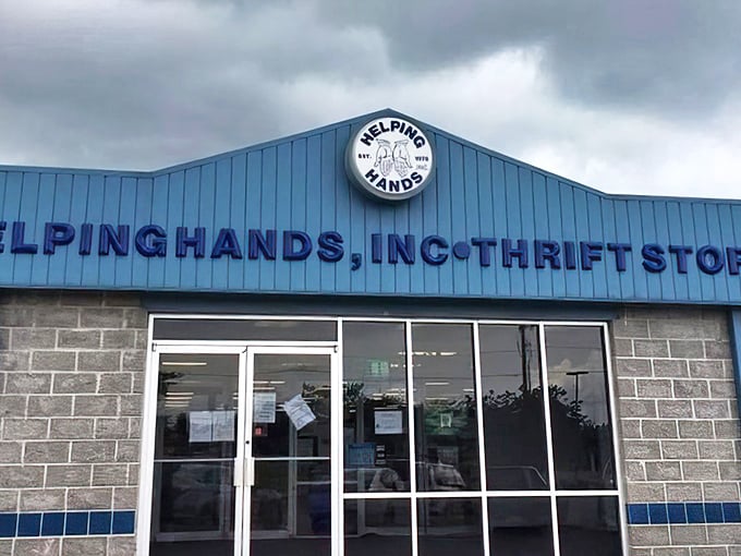 The blue facade of Helping Hands promises treasures inside, like a retail TARDIS that's bigger on the inside!