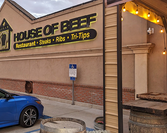 House of Beef exterior welcomes hungry travelers with a no-nonsense sign that promises exactly what you'll get - serious beef business.