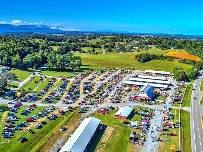 Aerial treasure hunt! The Jonesborough Flea Market sprawls across Tennessee countryside like a bargain hunter's dream come true.