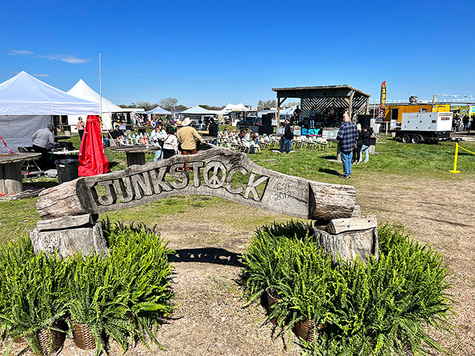 The rustic "JUNKSTOCK" sign welcomes treasure hunters to this outdoor wonderland. Like Woodstock for vintage lovers, minus the mud!