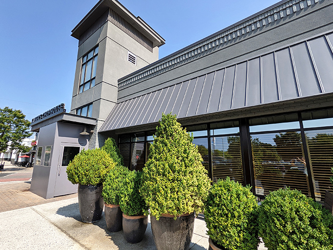Modern elegance meets steak paradise! Those neatly trimmed shrubs are like the bouncers of the plant world, guarding flavor heaven.