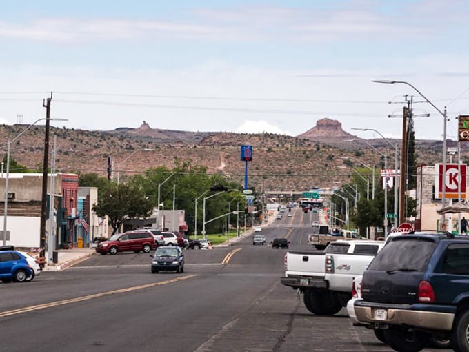 Kingman's main street stretches toward distant mesas, like a scene from an old western where the sheriff might appear any minute.