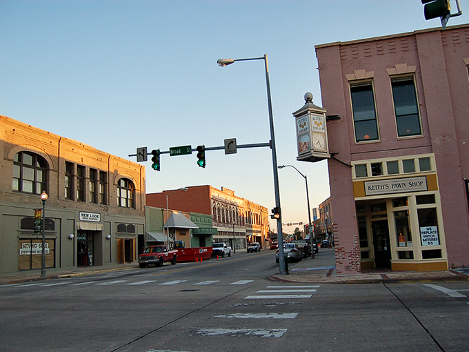 Historic downtown Lake Charles whispers stories of simpler times, where brick buildings stand like guardians of Louisiana's past.