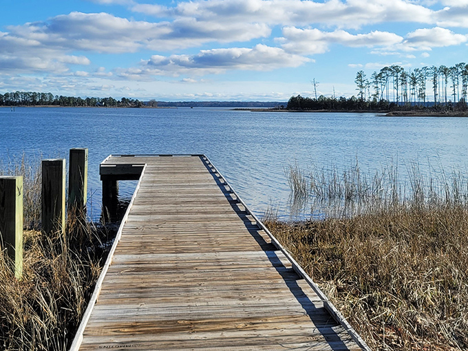 A wooden dock stretches into tranquil waters at Machicomoco State Park, where time seems to slow down with every ripple.