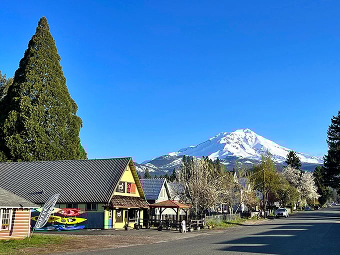 McCloud's charming storefronts sit beneath Mount Shasta's watchful gaze, like a movie set where nature got the starring role.